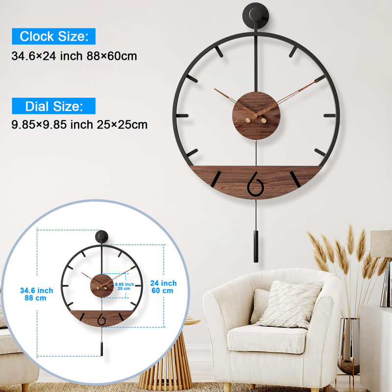 ColorLife Large Modern Decorative Pendulum Wall Clock,Big Metal Farmhouse Oversized Silent Wall ...